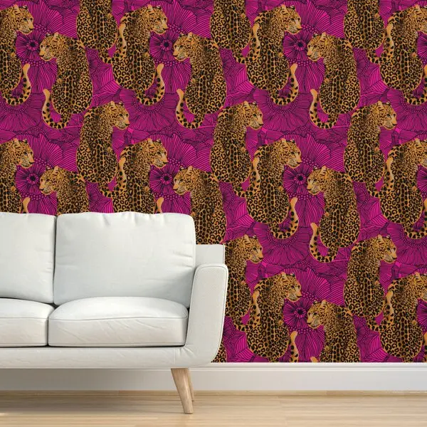 Spoonflower Leopard Kaleidoscope Hot Large 100% Natural Sisal Grasscloth Wallcovering - Pink