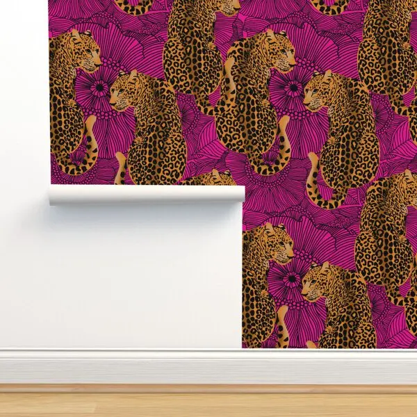 Spoonflower Leopard Kaleidoscope Hot Large 100% Natural Sisal Grasscloth Wallcovering - Pink