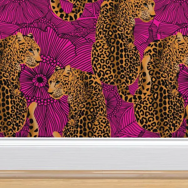Spoonflower Leopard Kaleidoscope Hot Large 100% Natural Sisal Grasscloth Wallcovering - Pink