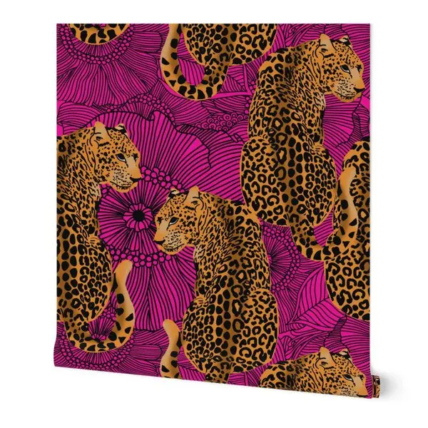 Spoonflower Leopard Kaleidoscope Hot Large 100% Natural Sisal Grasscloth Wallcovering - Pink