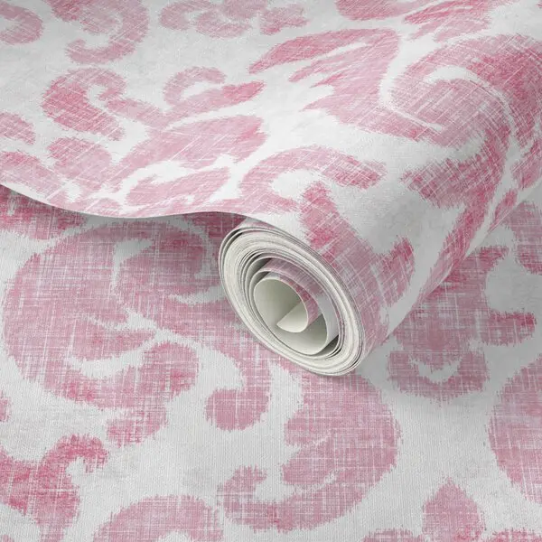 Spoonflower Vintage Damask Raspberry Ikat Faded Inspired Ombre Custom Pre-pasted Wallpaper - Pink,white