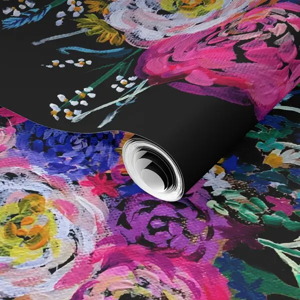 Spoonflower Bright Floral Painting Black Colorful Spring Traditional Wallpaper - Pink,black,red
