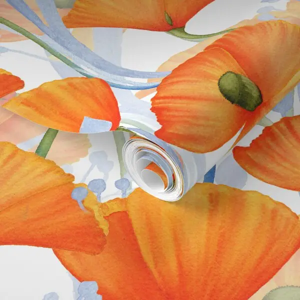 Spoonflower Orange Watercolor Poppy Flower California Poppies Custom Removable Wallpaper - Pink,orange,gray