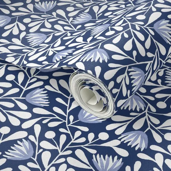 Spoonflower Rianne Modern Folksy Floral In Blues Custom Pre-pasted Wallpaper - Blue,white