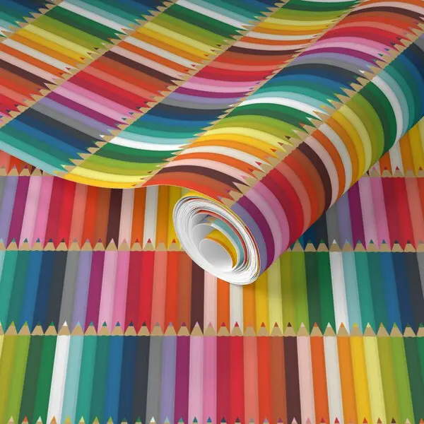 Spoonflower Artist Rainbow Organized Coloring Colored Pencils Custom Pre-pasted Wallpaper - Brown,blue,gray