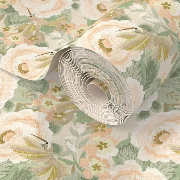 Spoonflower Roses And Hummingbirds Neutral Pretty 100% Natural Sisal Grasscloth Wallcovering - Beige,pink