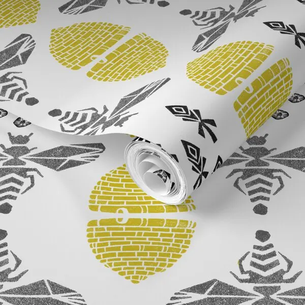 Spoonflower Flower Stripe Bee Hive Honey Custom Pre-pasted Wallpaper - Gray,black,green