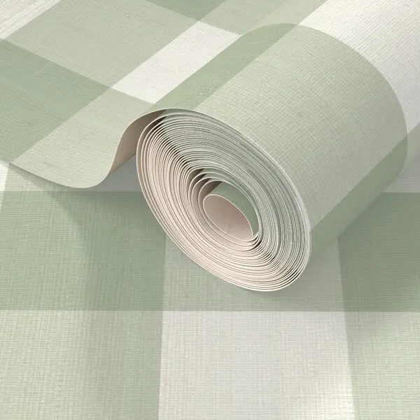 Spoonflower Sage Green Gingham: Light Gingham Check Buffalo 100% Natural Sisal Grasscloth Wallcovering - Sage,green