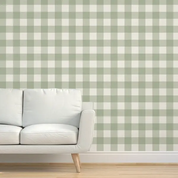 Spoonflower Sage Green Gingham: Light Gingham Check Buffalo 100% Natural Sisal Grasscloth Wallcovering