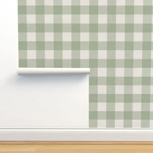 Spoonflower Sage Green Gingham: Light Gingham Check Buffalo 100% Natural Sisal Grasscloth Wallcovering