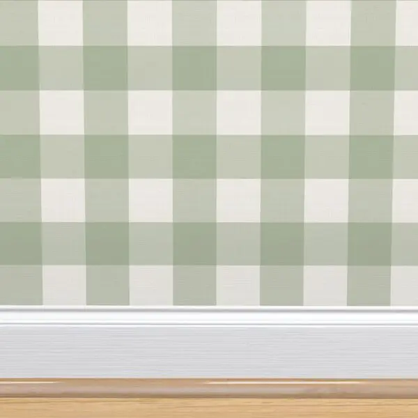 Spoonflower Sage Green Gingham: Light Gingham Check Buffalo 100% Natural Sisal Grasscloth Wallcovering