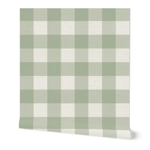 Spoonflower Sage Green Gingham: Light Gingham Check Buffalo 100% Natural Sisal Grasscloth Wallcovering