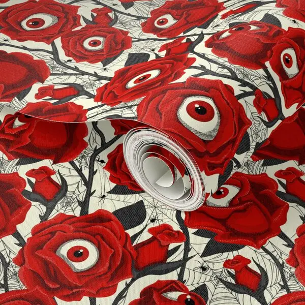 Spoonflower Red Halloween Roses Eyeballs & Spiders Custom Pre-pasted Wallpaper - Red,beige,brown