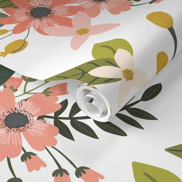 Spoonflower Coral Flowers Floral Custom Pre-pasted Wallpaper - Gray,brown,green