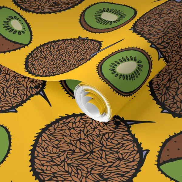Spoonflower Kiwi Kiwis Pattern Fruit Bird Custom Pre-pasted Wallpaper - Yellow,brown,green