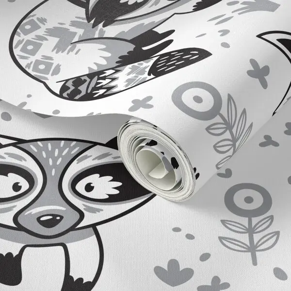 Spoonflower Black And White Forest Woodland Wild Animals Custom Pre-pasted Wallpaper - Black,white,gray