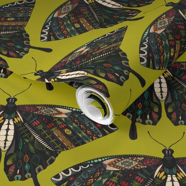 Spoonflower Green Flowers Leaves Butterflies Butterfly Floral Custom Removable Wallpaper - Yellow,black,green