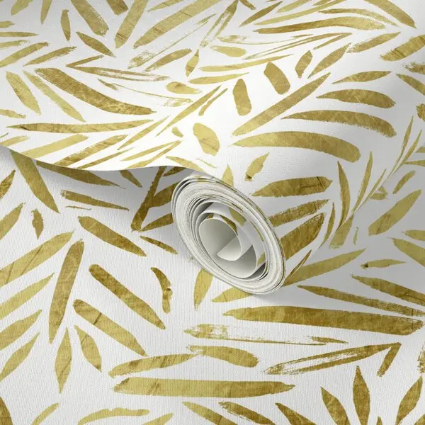 Spoonflower Leaves Gold Baby Palm Jungle Tropical Botanical Custom Pre-pasted Wallpaper - Gold,white,green