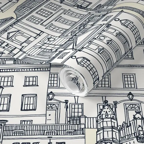 Spoonflower Illustration Indigo Bath City Buildings Custom Removable Wallpaper - Indigo,blue