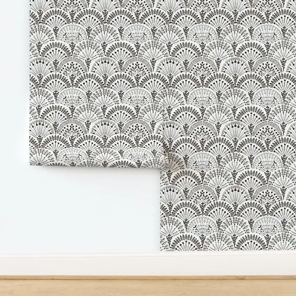 Spoonflower Black And White Geometric Art Nouveau Fan Arches Custom Pre-pasted Wallpaper - Gray