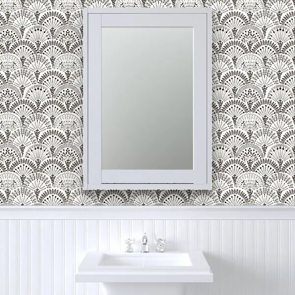 Spoonflower Black And White Geometric Art Nouveau Fan Arches Custom Pre-pasted Wallpaper - Gray
