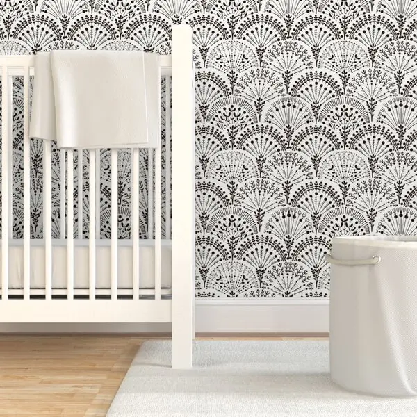 Spoonflower Black And White Geometric Art Nouveau Fan Arches Custom Pre-pasted Wallpaper - Gray
