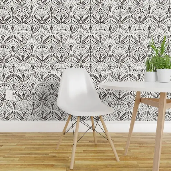 Spoonflower Black And White Geometric Art Nouveau Fan Arches Custom Pre-pasted Wallpaper - Gray