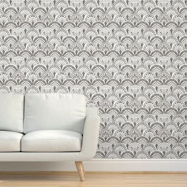 Spoonflower Black And White Geometric Art Nouveau Fan Arches Custom Pre-pasted Wallpaper - Gray