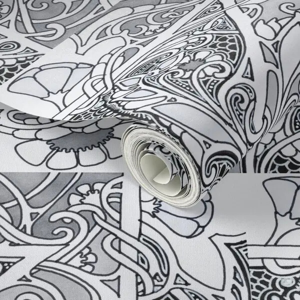 Spoonflower Black And White Vines Branches Waves Art Nouveau Traditional Wallpaper - Gray