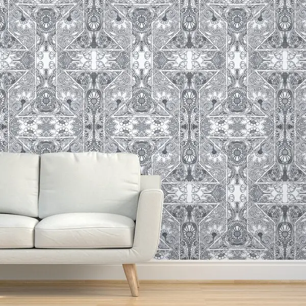 Spoonflower Black And White Vines Branches Waves Art Nouveau Traditional Wallpaper - Gray