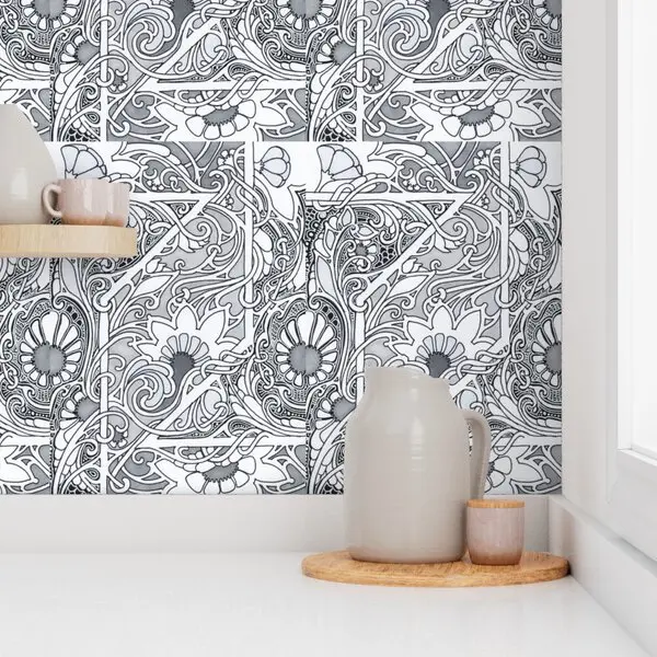 Spoonflower Black And White Vines Branches Waves Art Nouveau Traditional Wallpaper - Gray