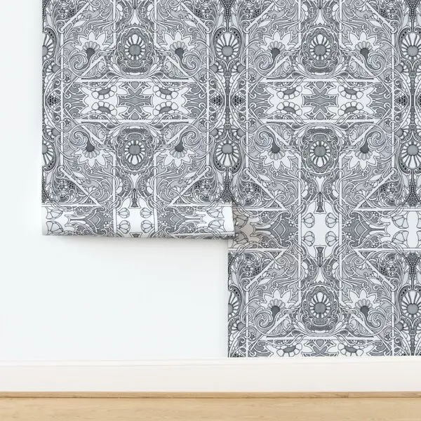 Spoonflower Black And White Vines Branches Waves Art Nouveau Traditional Wallpaper - Gray