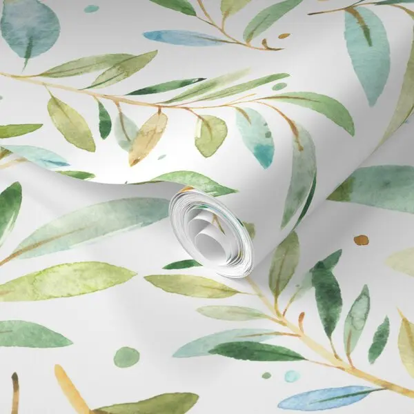 Spoonflower Leaves Nature Plants Branch Leaf Foliage Custom Pre-pasted Wallpaper - Green
