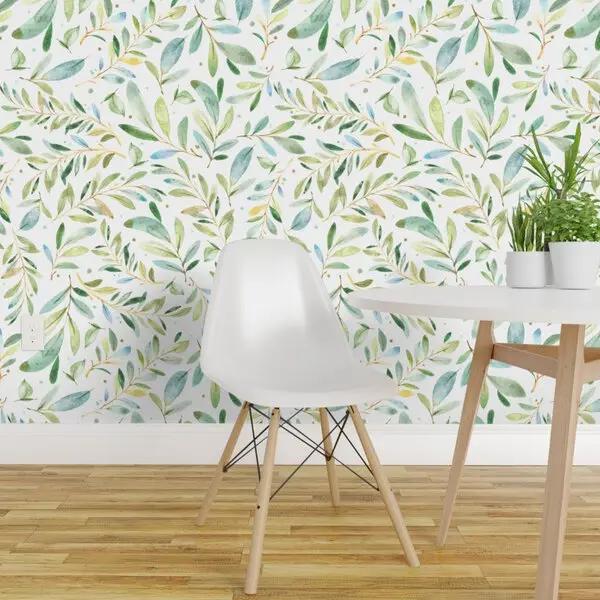 Spoonflower Leaves Nature Plants Branch Leaf Foliage Custom Pre-pasted Wallpaper