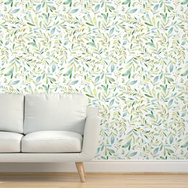 Spoonflower Leaves Nature Plants Branch Leaf Foliage Custom Pre-pasted Wallpaper