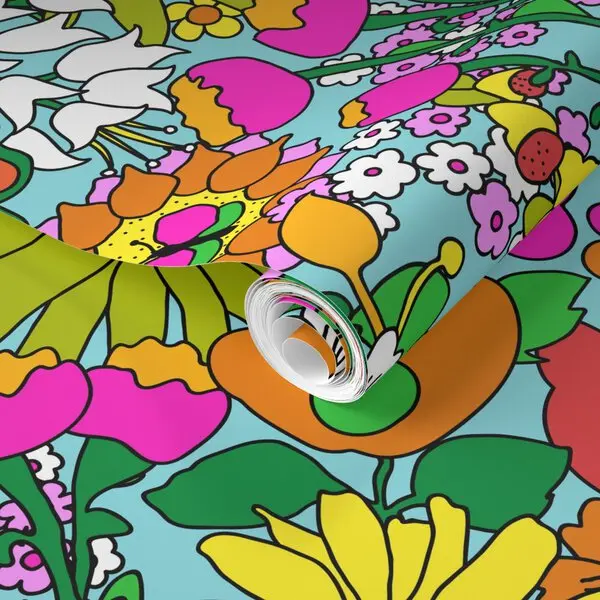 Spoonflower Flowers Floral Retro Psychedelic Hippie 1960s 60s Custom Removable Wallpaper - Green,yellow,pink