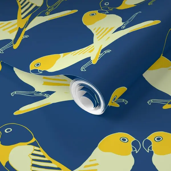 Spoonflower Birds Blue Yellow Dark Custom Pre-pasted Wallpaper - Blue,yellow,green