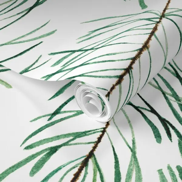 Spoonflower Pine Tree Winter Wonderland Branches Custom Pre-pasted Wallpaper - Green,white