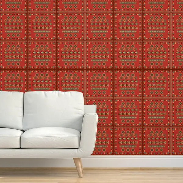Spoonflower Rust Navajo Kilim Aztec Small 100% Natural Sisal Grasscloth Wallcovering