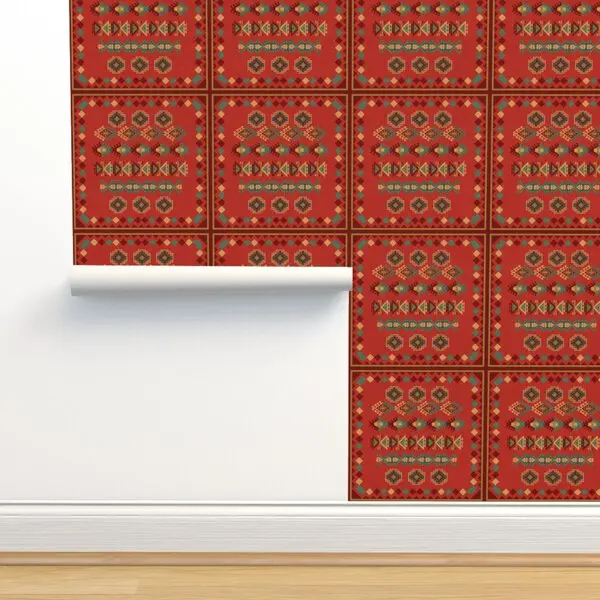 Spoonflower Rust Navajo Kilim Aztec Small 100% Natural Sisal Grasscloth Wallcovering