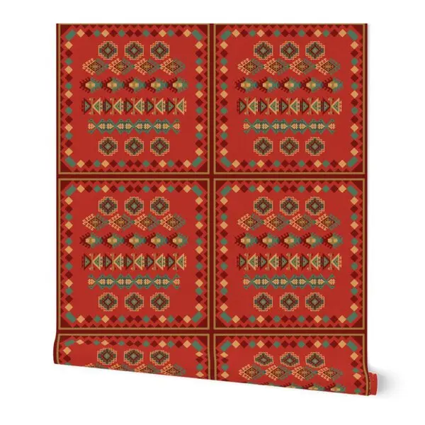 Spoonflower Rust Navajo Kilim Aztec Small 100% Natural Sisal Grasscloth Wallcovering