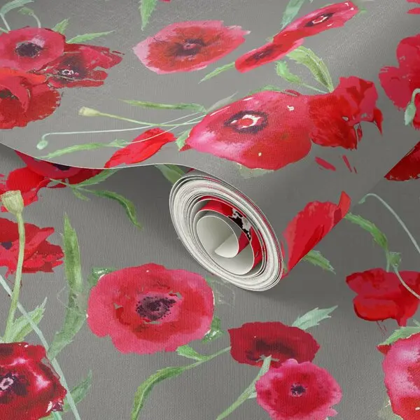 Spoonflower Poppy Poppies Flower Floral Summer Red Pods Custom Pre-pasted Wallpaper - Gray,pink,red