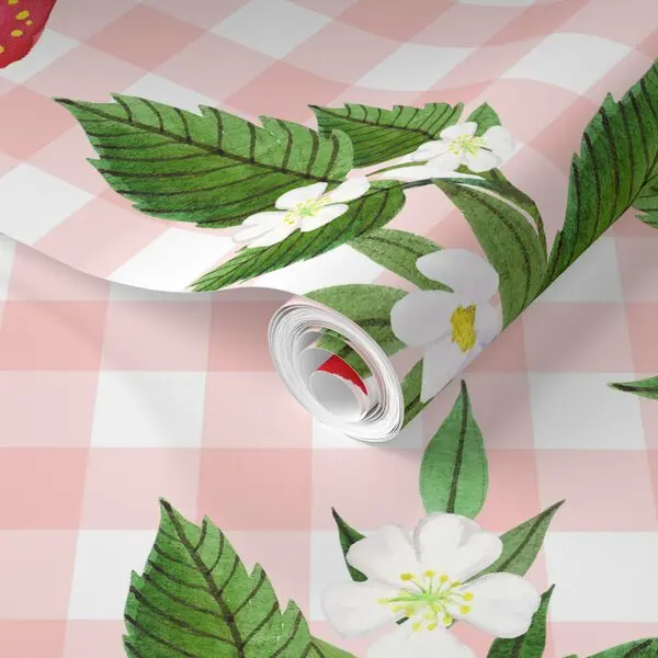 Spoonflower Strawberries Pink Gingham Blue Bright Red Bold Custom Pre-pasted Wallpaper - Pink,red,gray