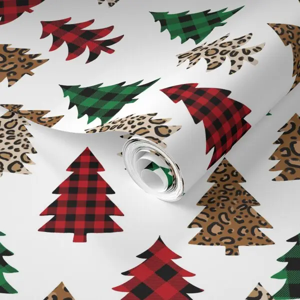 Spoonflower Leopard Print And Plaid Christmas Trees Traditional Wallpaper - Black,gray,brown