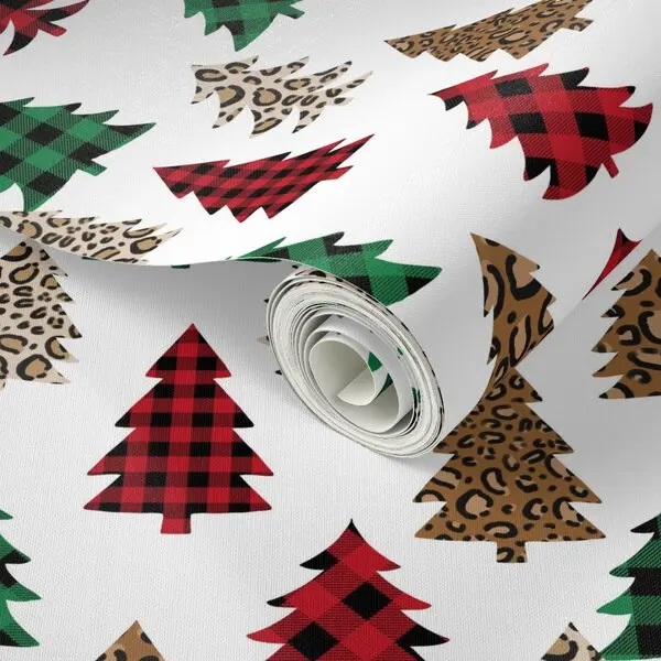 Spoonflower Leopard Print And Plaid Christmas Trees Custom Pre-pasted Wallpaper - Black,gray,brown