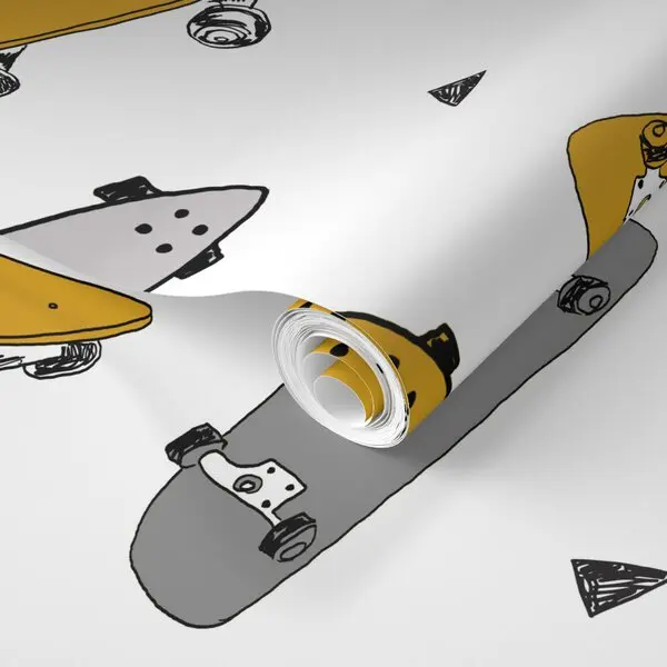 Spoonflower Skate Skateboard Skating Skateboarding 90s Rad Custom Pre-pasted Wallpaper - Gray,yellow,white