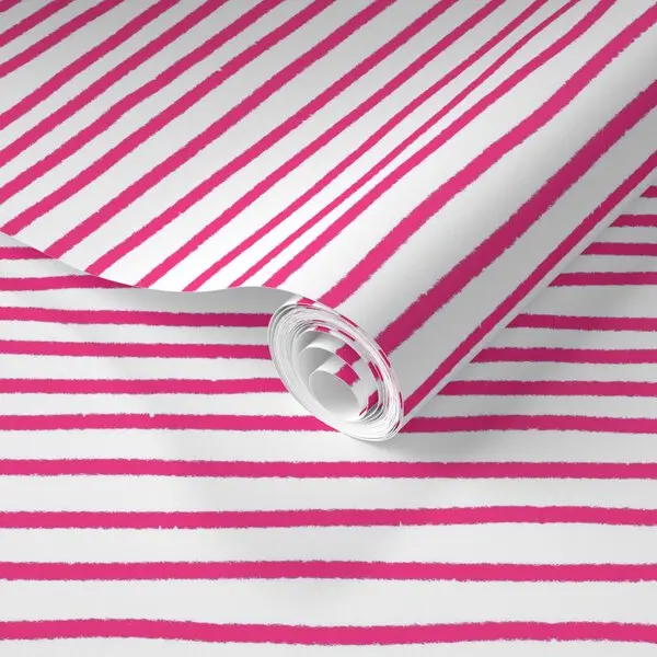 Spoonflower Hot Pink Magenta Stripes And White Pinstripes Custom Pre-pasted Wallpaper - White,pink,gray