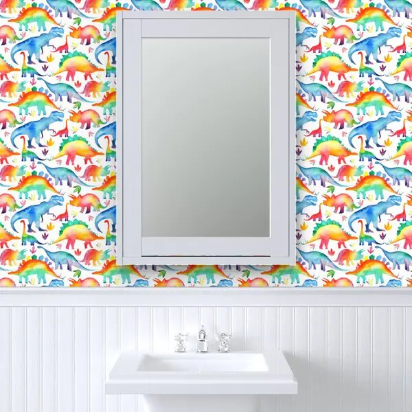 Spoonflower Rainbow Watercolor Dinosaurs Scale Dino Nursery Traditional Wallpaper