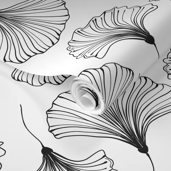 Spoonflower Flower Leaves Floral Nature Retro Leaf Plant Custom Pre-pasted Wallpaper - Black,white,gray