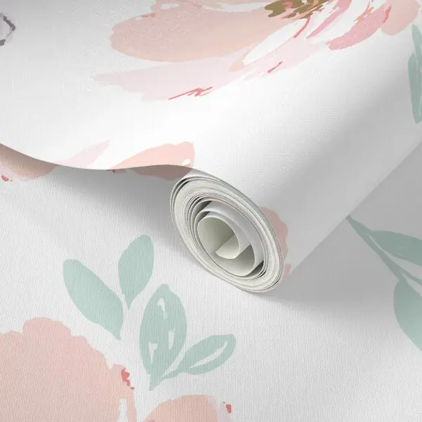 Spoonflower Blush Violet Peonies Bloom Nursery Custom Pre-pasted Wallpaper - Orange,green,white